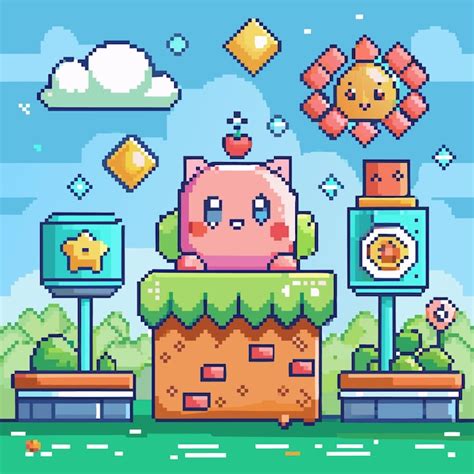 Cute Pixelated Character Standing On A Brick Platform With A Cherry On Its Head Surrounded By