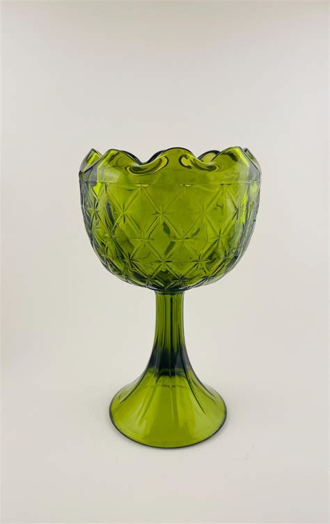 Vintage Green Glass Compote Pedestal Bowl With Diamond And Starburst