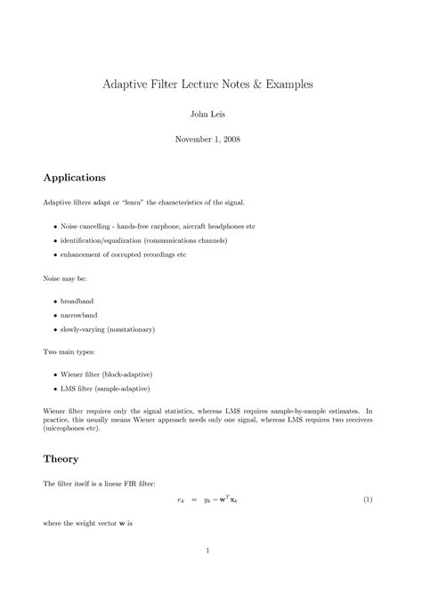 adaptive filter notesand examples adaptive filter lecture notes