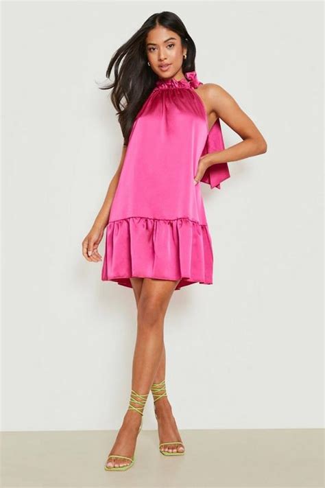 Petite Tie Neck Volume Hem Satin Mini Dress Boohoo