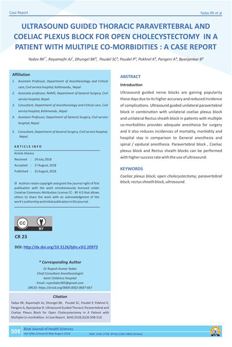 Pdf Ultrasound Guided Thoracic Paravertebral And Coeliac Plexus Block For Open Cholecystectomy