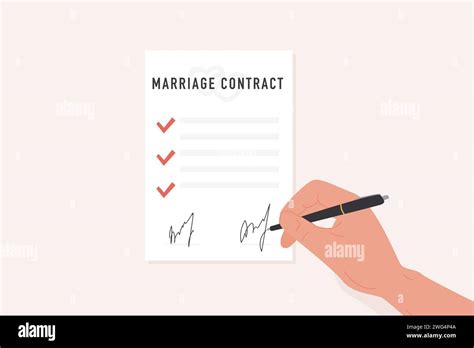A Person Hand With Pen Signing Marriage Contract Flat Style