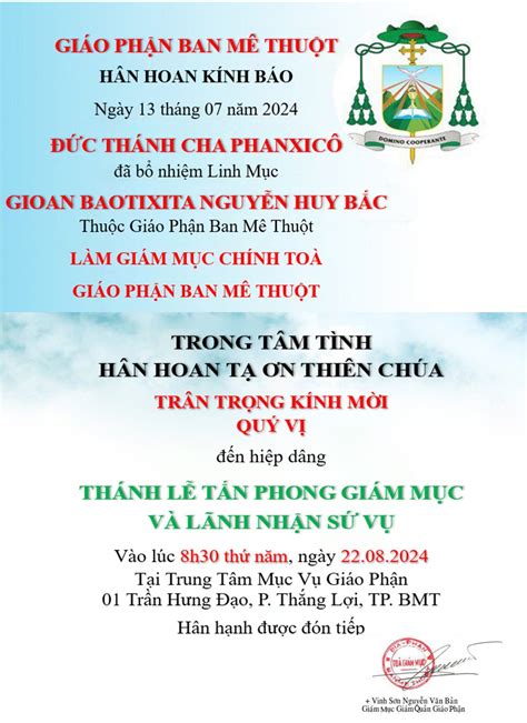 ThÔng BÁo ThÁnh LỄ TẤn Phong GiÁm MỤc GiÁo PhẬn Ban MÊ ThuỘt