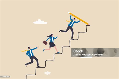 성공을 달성하기 위해 팀을 안내하는 리더 경력 경로 또는 개선 계획 성장 또는 진행 개념을 개발하는 관리자 사업가 리더는 연필로 계단을 그려 팀을 목표로 걸어 개념에 대한