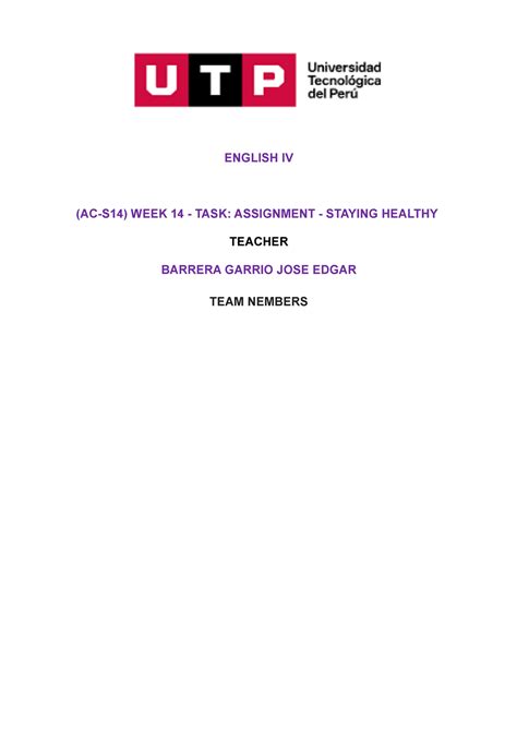 AC Week ENGLISH IV AC S WEEK TASK ASSIGNMENT STAYING HEALTHY TEACHER