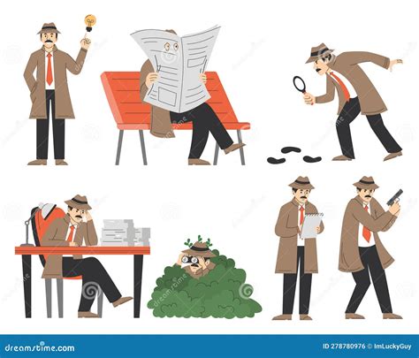 Man Spy Character Investigating Sitting In Chest With Binoculars Vector