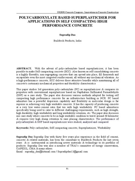 Polycarboxylate Based Superplasticiser For Applications In Self Compacting High Performance