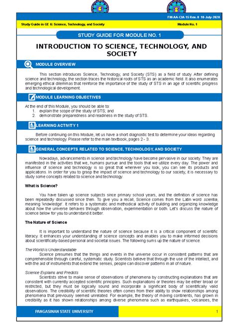 Sts Sg1 Sts Introduction To Science Technology And Society Module Overview This Section