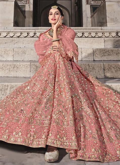 Buy Peach Net Embroidered Designer Lehenga Choli Festive Wear Online At