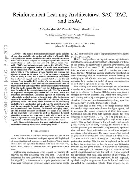 Reinforcement Learning Architectures Sac Tac And Esac Deepai