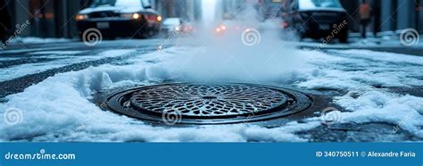 Street Scene With Snow Covered Manhole And Steam Stock Illustration