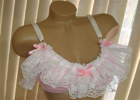 Handmade Wide Adult Sissy Ruffle Pink Bra For Man Cross Dresser