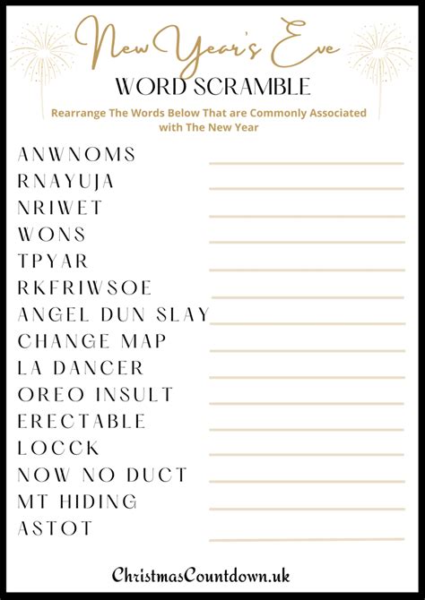 New Year S Eve Word Scramble Free Printable Game
