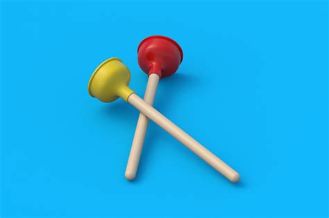 파란색 배경에 빨간색과 노란색 화장실 플런저 배관공 도구 전문 장비 청소 서비스 파이프라인 막힘 3d 렌더 3차원 형태에 대한 스톡 사진 및 기타 이미지 Istock