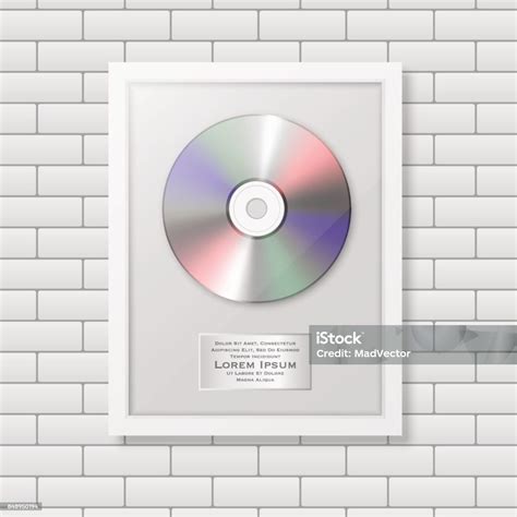 背景牆現實向量 Cd 與白磚上有光澤的白色框架圖示特寫中的標籤單一的專輯唱片獎設計範本股票向量樣機eps10向量圖形及更多個人cd機圖片