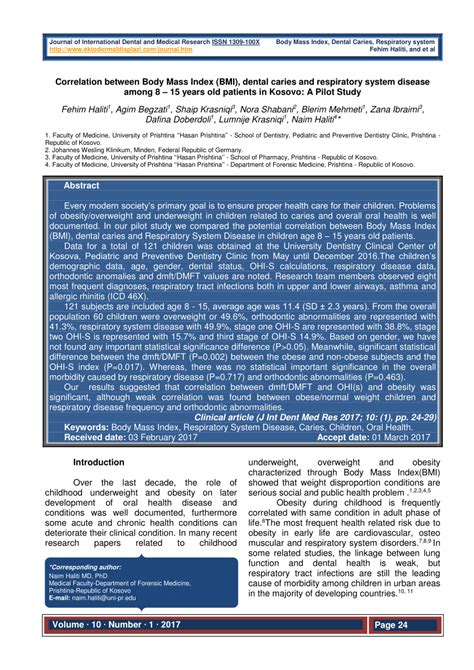 Pdf Correlation Between Body Mass Index Bmi Dental Caries And Respiratory System Disease