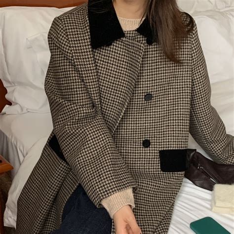 체크 배색 포켓 카라 투버튼 하운드투스 벨벳 롱코트 OC
