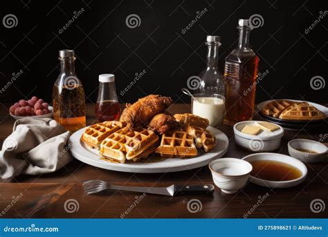 Fried Chicken Waffles And Syrup For Southern Inspired Dinner Stock