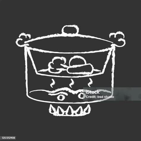 검은 색 배경에 분필 흰색 아이콘을 김이 끓는 물에 증기로 음식을 요리 식사 준비 방법 요리 기술 야채 고립 벡터 칠판 일러스트와 증기선 가열장치에 대한 스톡 벡터 아트 및