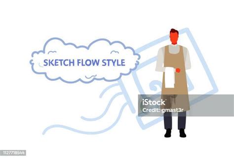 전문적인 남자 웨이터 수건 서 포즈 레스토랑 직원 전문 직업 개념 남성 만화 캐릭터 전체 길이와 수평 흐름 스타일 스케치