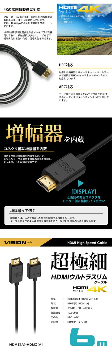 【楽天市場】【希少サイズ】増幅器 内蔵 Hdmiケーブル ウルトラスリム 6m 600cm 超極細 直径約4mm Ver14 4k
