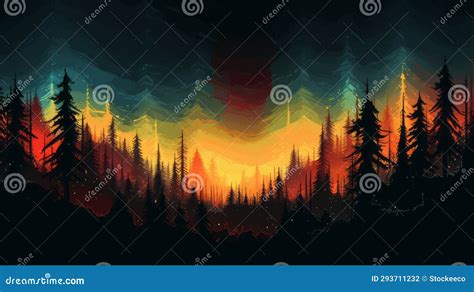 Retrofire 8 Bit Fir Forest Colorful Pixel Art Under Aurora Royalty