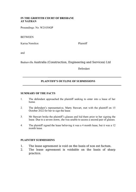 Outline Of Argument Example For Workshop Q IN THE GRIFFITH COURT OF BRISBANE AT NATHAN