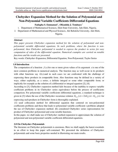 Pdf Chebyshev Expansion Method For The Solution Of Polynomial And Non Polynomial Variable