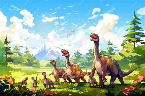 Premium Photo Prehistoric Dinosaurs In Green Grassland Their Natural
