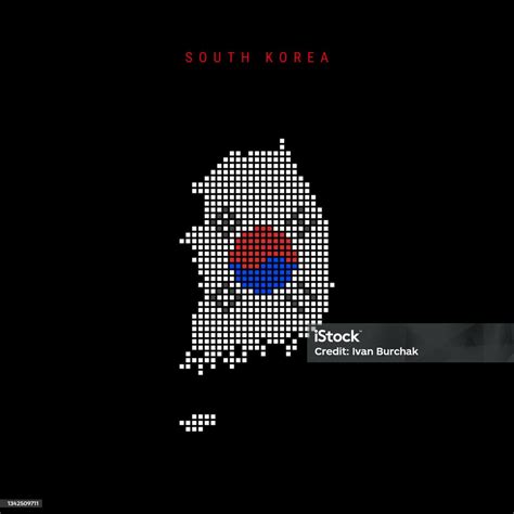 한국의 스퀘어 도트 패턴지도 깃발 색이 있는 점선 픽셀 맵입니다 벡터 일러스트레이션 모자이크 처리에 대한 스톡 벡터 아트 및