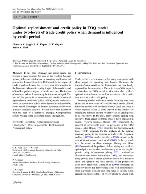 Pdf Optimal Replenishment And Credit Policy In Eoq Model Under Two Levels Of Trade Credit