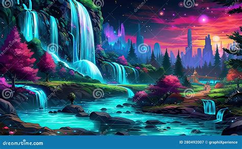 светящийся водопад на ночной иллюстрации Иллюстрация штока