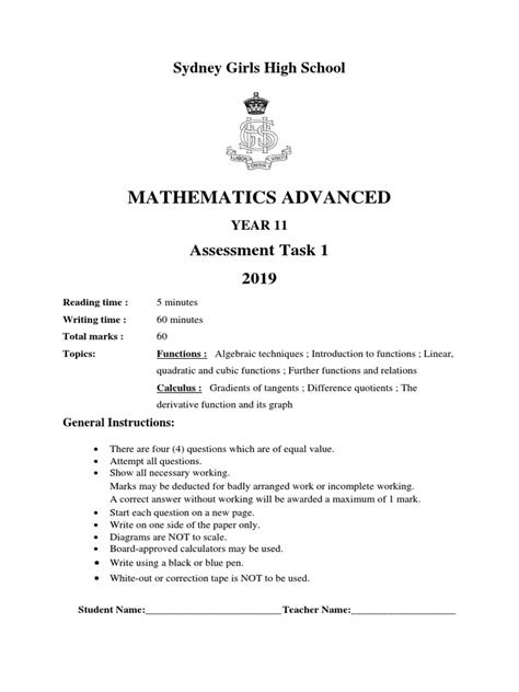 2019 Year 11 Advmaths Task 1 Pdf Pdf Function Mathematics Derivative