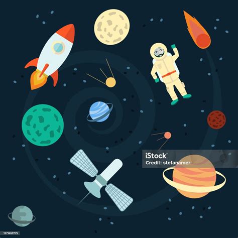 스톡 벡터 일러스트 스페이스 세트의 행성 궤도 로켓 위성 별 Ufo 우주 비행사 아폴로 혜성 운석 코스모스 벡터 그림입니다 만화