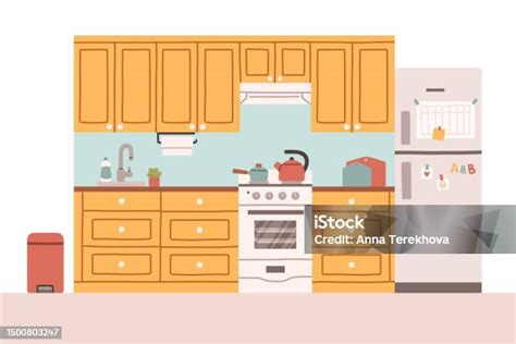 가구와 부엌 테이블 스토브 찬장 요리 및 냉장고가있는 아늑한 주방 인테리어 플랫 스타일 벡터 일러스트레이션 0명에 대한 스톡 벡터 아트 및 기타 이미지 Istock