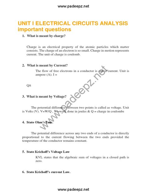 Unit I Electrical Circuits Analysis Important Questions Download Free