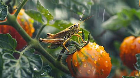 Grasshopper On A Tomato Plant In The Rain Realistic Image Stock