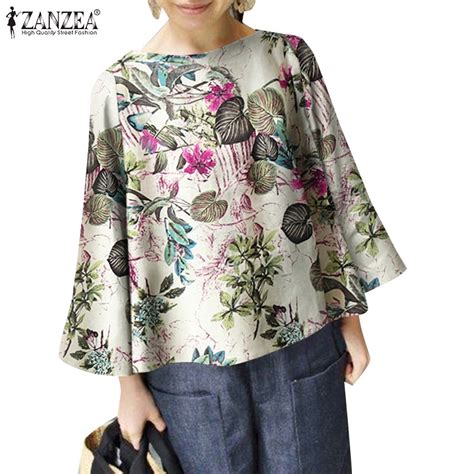 Zanzea Women Korean Retro Flared Sleeve Bateau Neck Floral Printed