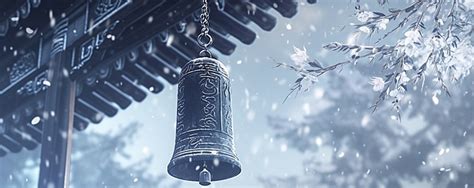 A Bell Hangs From Wooden Eaves In The Snow With Background Of Ancient