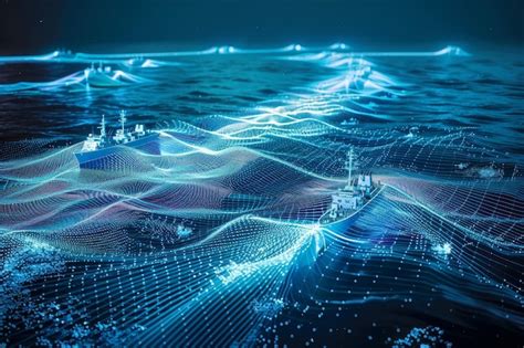 A Digital Illustration Of A Ship Navigating Through The Sea With Radar