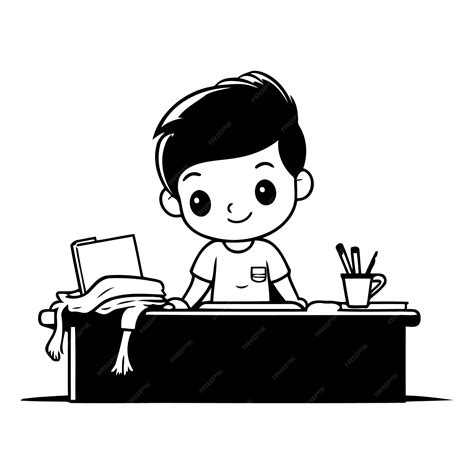 Милый мальчик работающий за столом Иллюстрация персонажа мультфильма