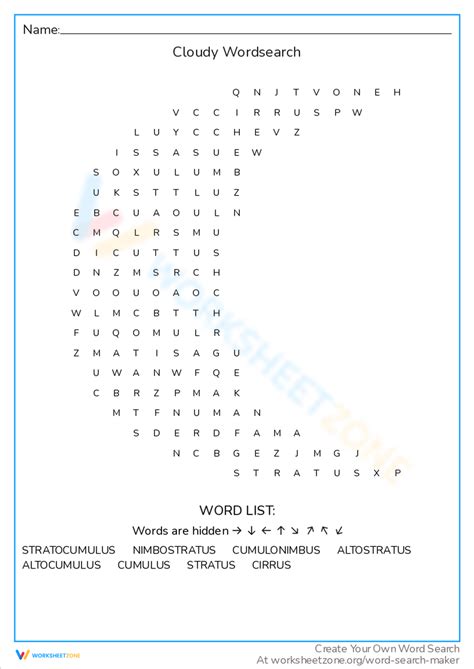 Cloudy Wordsearch Worksheet