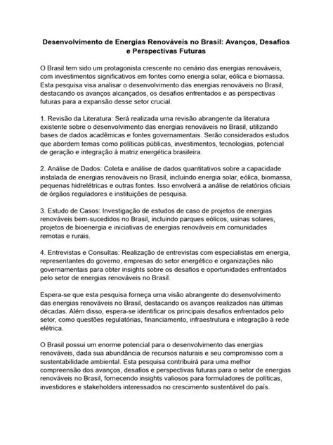 Desenvolvimento De Energias Renováveis No Brasil Avanços Desafios E
