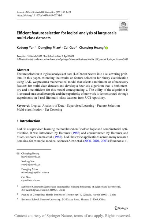 Efficient Feature Selection For Logical Analysis Of Large Scale Multi Class Datasets Request Pdf