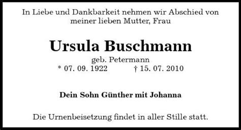 Traueranzeigen Von Ursula Buschmann Trauer Anzeigen De