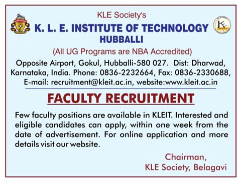 Kle Technological University Hubballi Wanted Assistant Professor