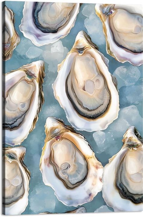 Framed Coastal Oysters Canvas Wall Art Shell Watercolor