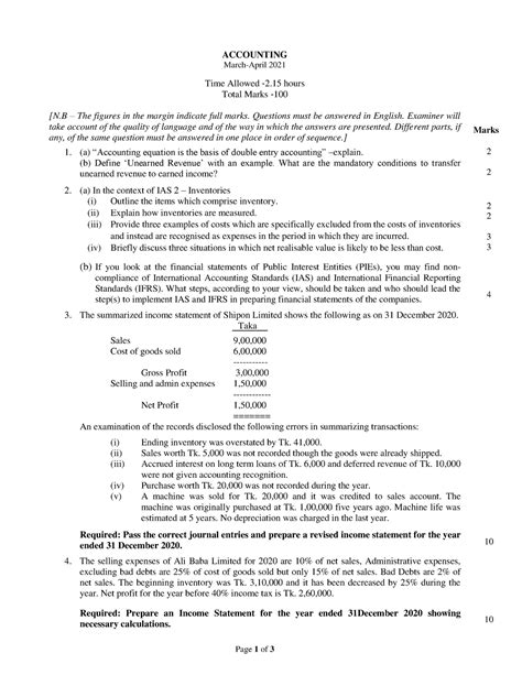 CL Accounting MA Page Of ACCOUNTING March April Time Allowed Hours