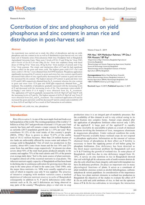Pdf Contribution Of Zinc And Phosphorus On Yield Phosphorus And Zinc Content In Aman Rice And