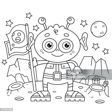 โครงร่างหน้าระบายสีของมนุษย์ต่างดาวตัวน้อยที่มีธงบนโลก อวกาศ สมุดระบายสีสําหรับเด็ก ภาพประกอบ